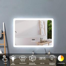 Badspiegel mit Beleuchtung Badezimmerspiegel Wandspiegel Lichtspiegel70 x 50 cm Beschlagfrei Bluetooth Uhr 3 Lichtfarben Dimmbar LED Funktion
