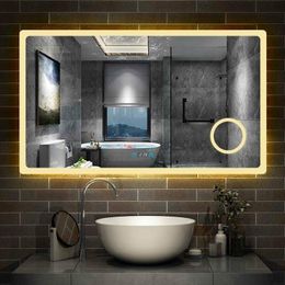 Badspiegel mit Beleuchtung Badezimmerspiegel Wandspiegel Wasserdicht Wandmontagespiegel Lichtspiegel 120 x 70 cm Beschlagfrei Uhr 3 Lichtfarben