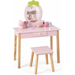 Kinder Schminktisch Set, Kosmetiktisch Set mit Hocker Spiegel, in erdbeerförmigem Design, Kinder von 3-7 Jahren, für Mädchen Kinderzimmer
