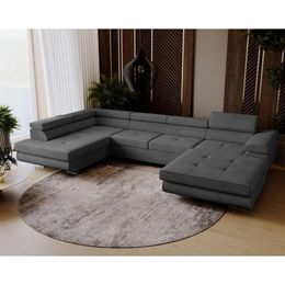 Ecksofa Sorlo u - Sofa 345 cm, Schlaffunktion, verstellbare Kopfstützen, Bettkasten - Eckcouch U-Form - Ottomane links freistehend- Samtstoff (Grau