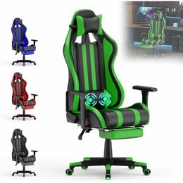 UISEBRT Gaming Stuhl, Bürostuhl Ergonomisch 90-135° Rückenlehne Verstellbar mit Massage Lendenwirbelstütze, Abnehmbare Kopfstütze und Fußstütze (Grün)