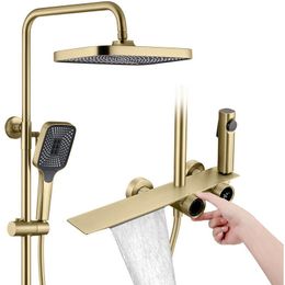 Duschsystem Regendusche Set, Duschset mit Digitalanzeige Duscharmatur Höhenverstellbar Duschsäule mit Wasserfall Wannenauslauf, 32 20cm Duschkopf, 3