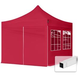 3x3 m Faltpavillon, economy Stahl 30mm, Seitenteile mit Sprossenfenstern, rot - rot