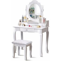 Schminktisch-Set, Frisiertisch mit gepolstertem Hocker, Kosmetiktisch mit um 360° drehbarem Spiegel & Kiefernholzbeinen für Damen & Maedchen, Schlaf