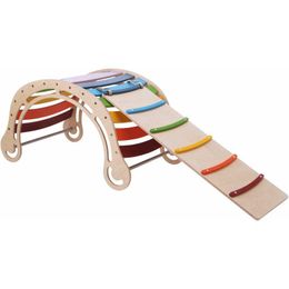 KateHaa XXL-Wippe Waldorf aus Holz mit Kletterwand Regenbogenfarben Indoor Kletterbogen / Klettergerüst für Kinder Montessori Spielzeug - Braun