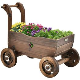 GOPLUS Blumenwagen mit Rädern, Blumenständer mit Griff, Pflanzkübel, Blumen-Pflanzkarre aus Holz für Garten & Outdoor
