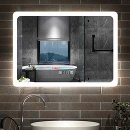 AICA SANITAIRE - Badspiegel mit Beleuchtung Badezimmerspiegel Wandspiegel Wasserdicht Wandmontagespiegel Lichtspiegel 80 x 60 cm Beschlagfrei Uhr