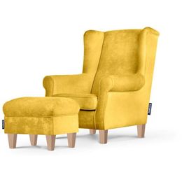 Klassische Sessel Gepolsterter und Sitzhocker miles, Gelb, Stoff, Classic, 82x105x97 cm - Konsimo