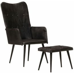 MAISONCHIC Relax-Sessel,Essstühle,Ohrensessel mit Hocker Schwarz Echtleder -61632 - Schwarz