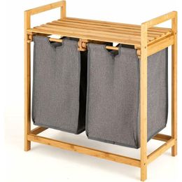 Wäschekorb 2 Fächer, Bambus Wäschesammler mit Ablage, Wäschebox Wäschesack Wäschesortierer ausziehbar und abnehmbar, 64 x 33 x 73 cm - Goplus