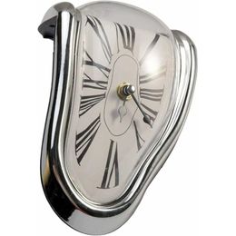 Geschmolzene Uhr, Dali-Uhr, Surrealismus-Dekoration, geschmolzene moderne Wanduhr, verzerrte Wanduhr, Heimdekoration, Büro, Geschenk (Silber)