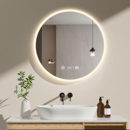 Led Badspiegel Rund Badezimmerspiegel 70cm Badezimmerspiegel mit Neutral Beleuchtung(4300K) Wandspiegel mit Touch-Schalter, Uhr, Temperatur, Dimmbar,