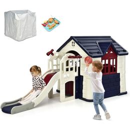 8 in 1 multifunktionale Kinderrutsche, Entdeckung Spielhaus mit Basketballkorb, Rutsche, Kletterwand, Ringwurf, Fernglas, Tunnel, Picknicktisch &