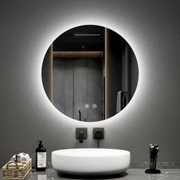 EMKE Rund Badspiegel Antibeschlage Badezimmerspiegel mit Beleuchtung , Energiesparend Lichtspiegel Wandspiegel,6500K LED-Beleuchtung, Helligkeit