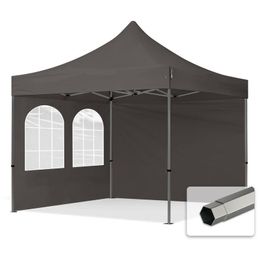 3x3 m Faltpavillon, premium Stahl 40mm, Seitenteile mit Sprossenfenstern, dunkelgrau - dunkelgrau