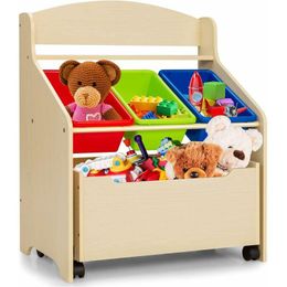 Kinderregal mit großem Stauraum, 1 Offene Ablage & 3 Boxen & Kisten auf Rollen, Spiegelzeug Aufbewahrungsregal für Kinderzimmer, Kindergarten,