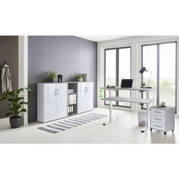 Büromöbel komplett Set mit elektrisch höhenverstellbaren Schreibtisch Arbeitszimmer e-Dition in lichtgrau/weiß Matt Gestell weiß - Grau - Bmg Möbel