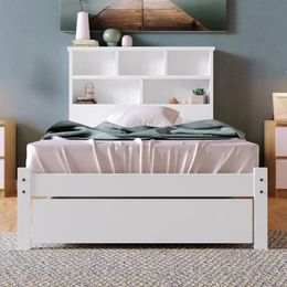Betten mit Bettkasten Einzelbett 90x200cm mit Schubladen und Bücherregal Schlafzimmerbett weiß - Grauweiß