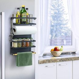 WYCTIN Kühlschrank Hängeregal Gewürzregal Regal Küche Organizer Aufbewahrung mit Küchenrollenhalter 30x12x46cm Schwarz