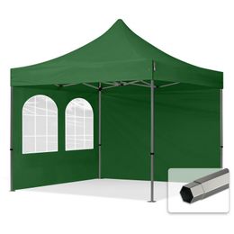 3x3 m Faltpavillon, premium Stahl 40mm, Seitenteile mit Sprossenfenstern, dunkelgrün - dunkelgrün