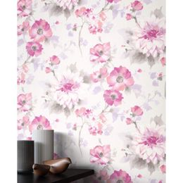 Tapete Pink Vliestapete Blumen - Blumentapete Floral Grau Weiß Blätter Mustertapete Romantisch Glanztapete - Binsol - Newroom