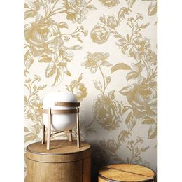 Newroom - Tapete Beige Vliestapete Blumen - Blumentapete Floral Gold Creme Rosen Beton Romantisch - Mirta Beige
