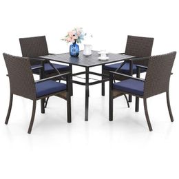 Phivilla - Rattan Balkonmöbel Set, Gartenmöbel Set 4 Stühle mit Tisch, Quadratische Stahl Lamellen Tisch mit 4cm Schirmloch und 4 Polyrattan Sessel