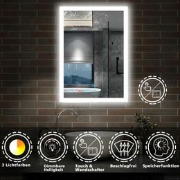 AICA SANITAIRE Badspiegel mit Beleuchtung Badezimmerspiegel Wandspiegel Wasserdicht Wandmontagespiegel Lichtspiegel 50 x 70 cm Beschlagfrei 3 Lichtfarben Dimmbar