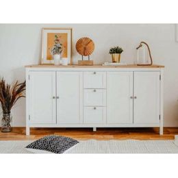 Sideboard 180 cm mit 4 Türen und 3 Schubladen in weiß und Eichenplatte - Bergen 51