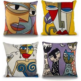 4er Set Picasso Kissenbezug 45x45cm Leinen Sofakissenbezug Skandinavisch Wohnzimmer Deko Schlafzimmer Bett Büro Sessel Design Abstraktes Gesicht