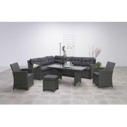 Große Polyrattan-Ecklounge Gartenmöbel Sitzgruppe Aberdeen xxl, inkl. Sessel, Hocker, Tisch, Kissen grau - Garden Impressions