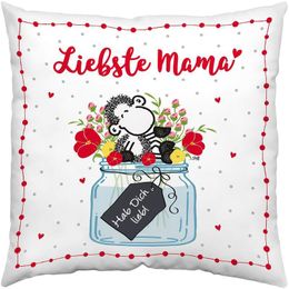 Sheepworld Liebste Mama Kissen rot/weiß, bedruckt, aus 100 % Baumwolle.