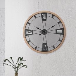 ECD Germany - Große Wanduhr mit Römischen Ziffern, ø 70 cm, Natur, aus MDF-Holz und Metall, Pinienoptik, Design Uhr im Vintage-Stil, Leisem Uhrwerk,