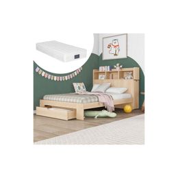 Kinderbett mit Schubladen und Bücherregal,Massivholz Stauraum Einzelbett mit Lattenrost,Bettkasten Jugendliche und Erwachsene Kinderbett, 90x200cm