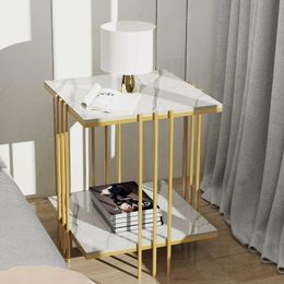 Nachttisch Marmor, Beistelltisch 2 Ablagen, modern Couchtisch Nachtkommode Nachtschrank platzsparend, für Schlafzimmer, Wohnzimmer