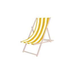 Springos - Klappbarer Strandliegestuhl aus Holz mit weiß-gelb gestreiftem Stoff.