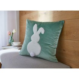 Kissenhülle Samthase 40x40 cm, grün, Hase aus Kunstfell in weiß, kuschelweich, Kissenbezug