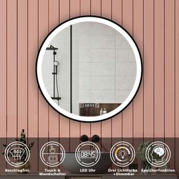 AICA SANITAIRE 80cm Rund Wandspiegel Badspiegel mit beleuchtung Touch-Schalter+Uhr+Beschlagfrei+3 Lichtfarben Dimmbar+LED Memory Funktion Energiesparend Lichtspiegel