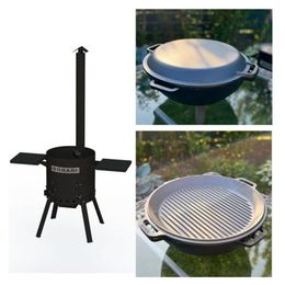 Utschak Set mit Schornstein 2 Ablagen Kasan 12 l Grilldeckel - schwarz - Robari