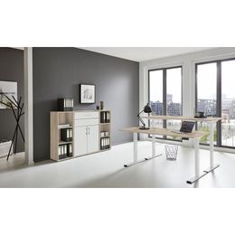 Büromöbel-Set, e-Office Edition Set 13, Schreibtisch höhenverstellbar, 138 cm, Eiche Sonoma / weiß matt - natur - Bmg Möbel