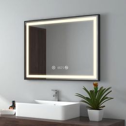 Emke - Badspiegel mit Beleuchtung 80x60cm Badspiegel Schwarzer Rand led Badezimmerspiegel mit Touch, Antibeschlage, Uhr, Temperatur, Dimmbar,