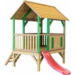 AXI - Spielhaus Akela mit roter Rutsche Stelzenhaus in Braun & Grün aus fsc Holz für Kinder Spielturm für den Garten - Braun