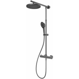 Schulte - Duschsystem Duschmaster Rain mit Sicherheits-Thermostat, Kopfbrause rund extra-flach, mit Handbrause, Farbe: Gunmetal