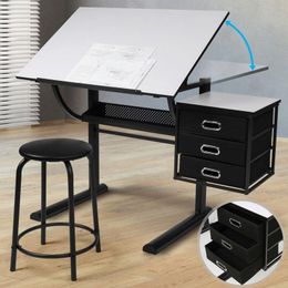 Miadomodo® Zeichentisch mit Hocker - Tischplatte stufenlos neigbar, höhenverstellbarer, inkl. Schrank mit 3 Schubladen, Weiß Schwarz - Schreibtisch,