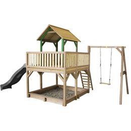 AXI - Spielhaus Atka mit Sandkasten, Schaukel & grauer Rutsche Stelzenhaus in Braun & Grün aus fsc Holz für Kinder Spielturm mit Wellenrutsche für
