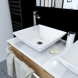 MARWELL Aufsatzwaschbecken aus Keramik in weiß - Waschbecken in Maße 42 x 42 x 13 cm, geneigte Seitenwände und Flacherboden - mit Pop-up-Ablaufventil
