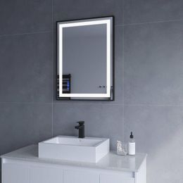 Aquabatos - Badspiegel mit led Licht Schwarzer Rahmen 60x80cm sautens Typ c Touch Sensor Dimmbar Spiegelheizung Kaltweiß 6400K Warmweiß 3000K
