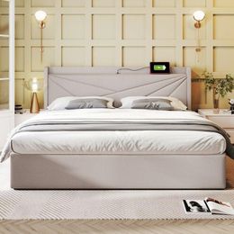 Doppelbett mit Stauraum, USB-Aufladung, Leinen, 180 x 200 cm, hellbraun