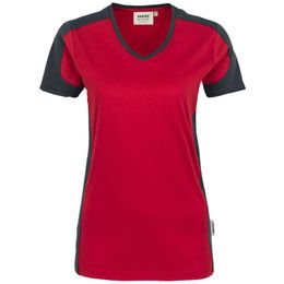 HAKRO - Damen V-Shirt Contrast mikralinar® rot/anthrazit, xl