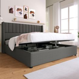 Betten Doppelbett 160x200 cm Hydraulisches Polsterbett Stauraumbett mit Bettkasten Grau - Grau